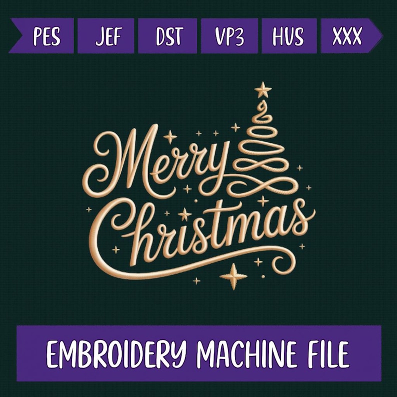 Merry Christmas Embroidery Design, Elegant Christmas Script Tree Stitch ...