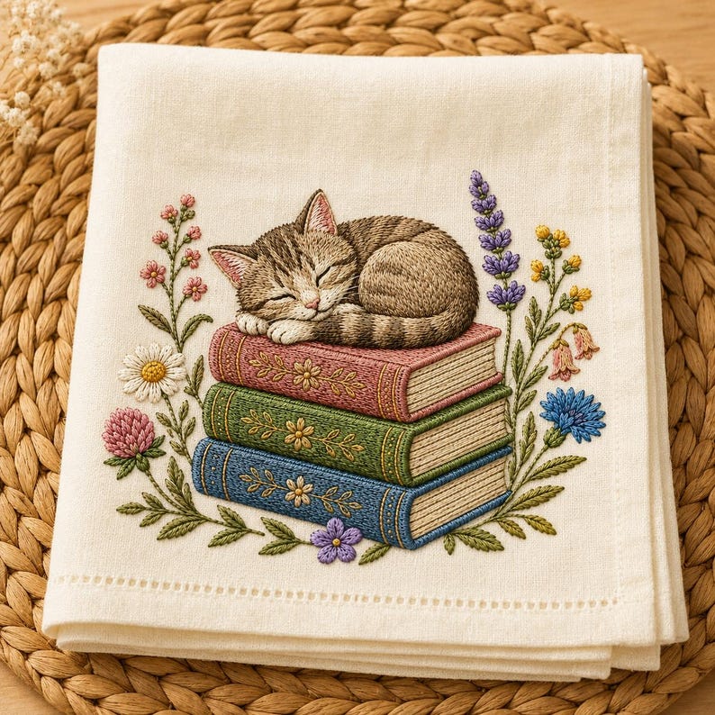 Sleeping Cat on Books Embroidery Design, Floral Book Stack Machine File ...