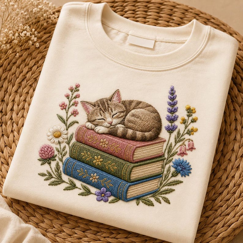Sleeping Cat on Books Embroidery Design, Floral Book Stack Machine File ...