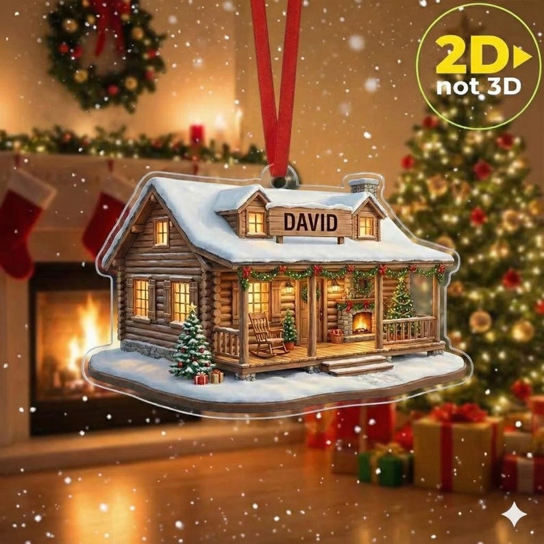 Personalized Rustic Cabin Acrylic Ornament 2D | Cozy Log Cabin ...