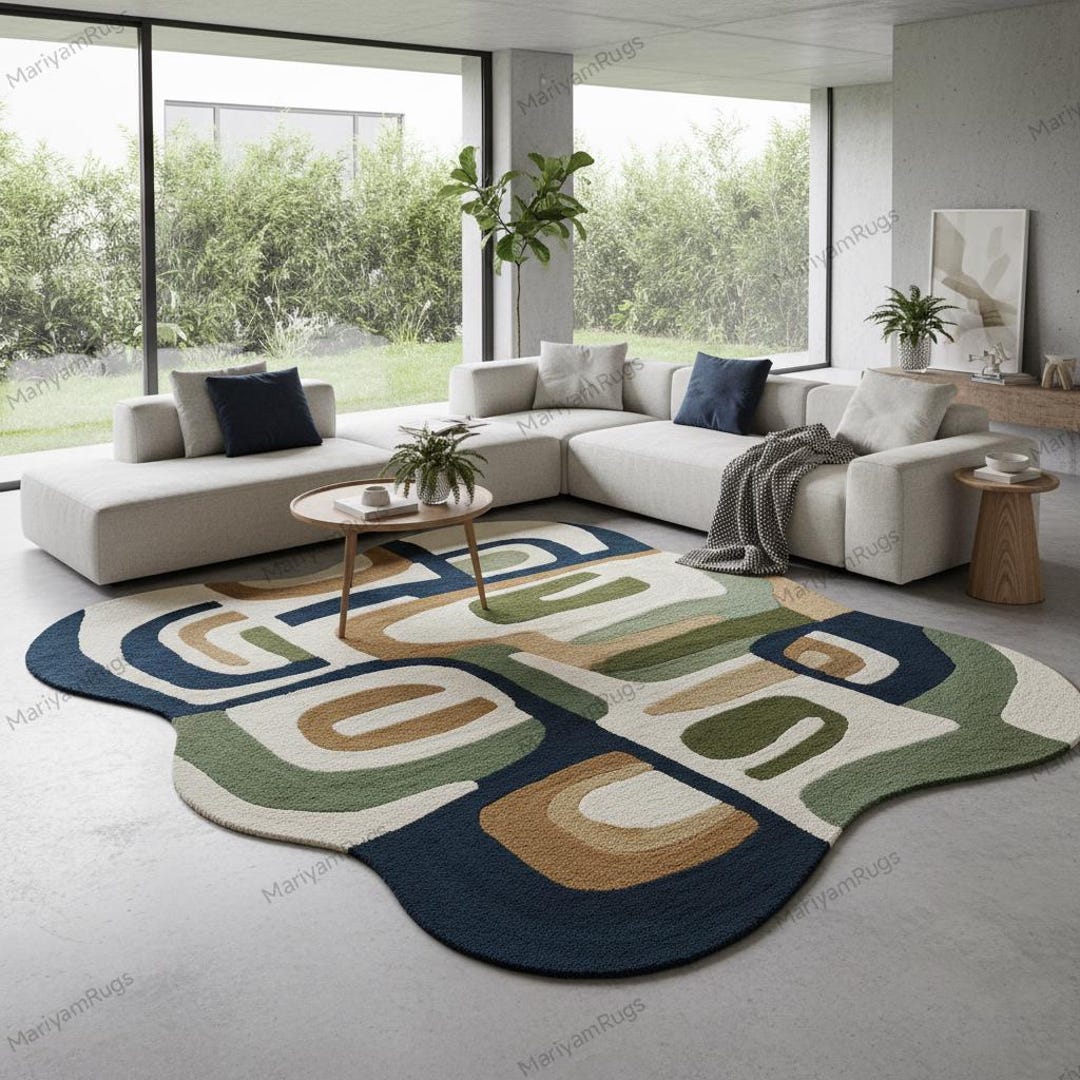 Geometric Abstract Area Rug – Modern Blue Green Beige Carpet for Living ...