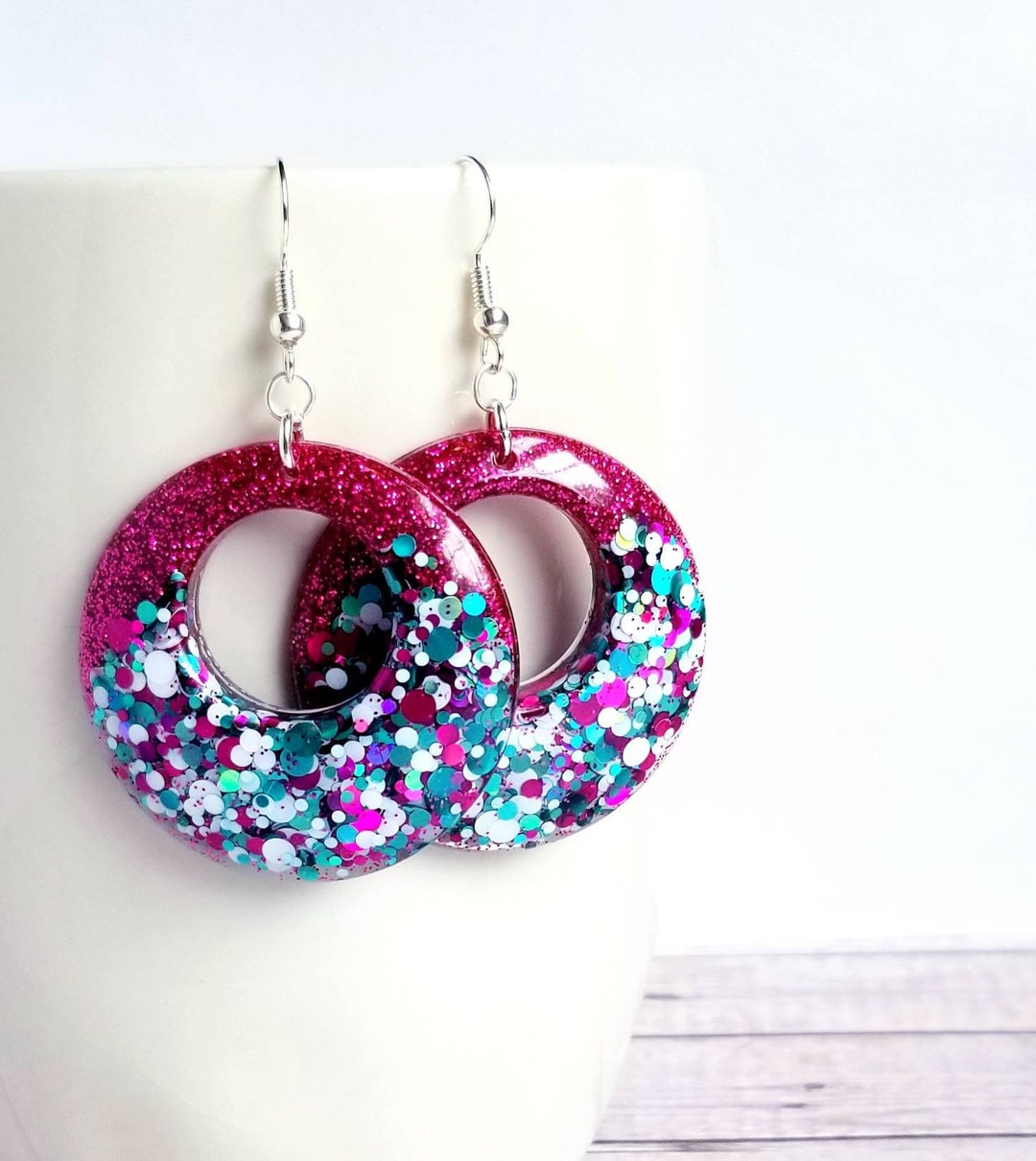 Pink Glitter Hoop Earrings, Resin Jewelry, Pink Hoops, Retro Jewelry ...
