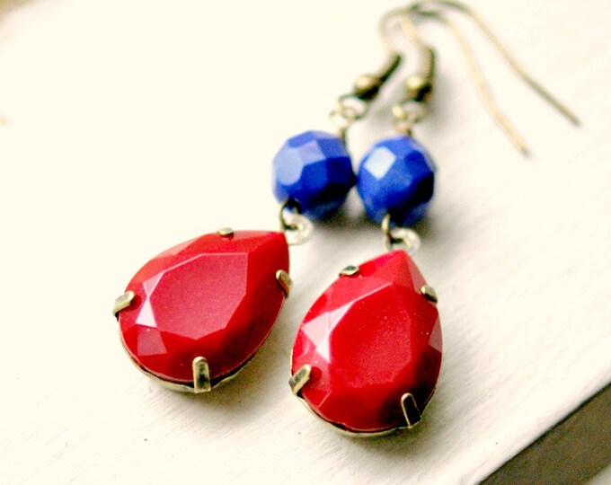 Juliette Brass Beaded Teardrop Jewel Earrings Red and Blue, Beaded ...