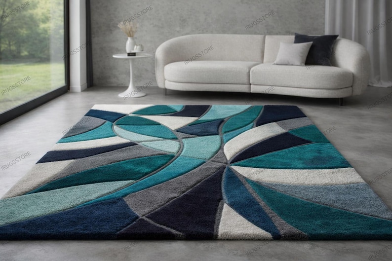 Deep Teal Geometric Area Rug: Modern Abstract Chroma Block Carpet ...