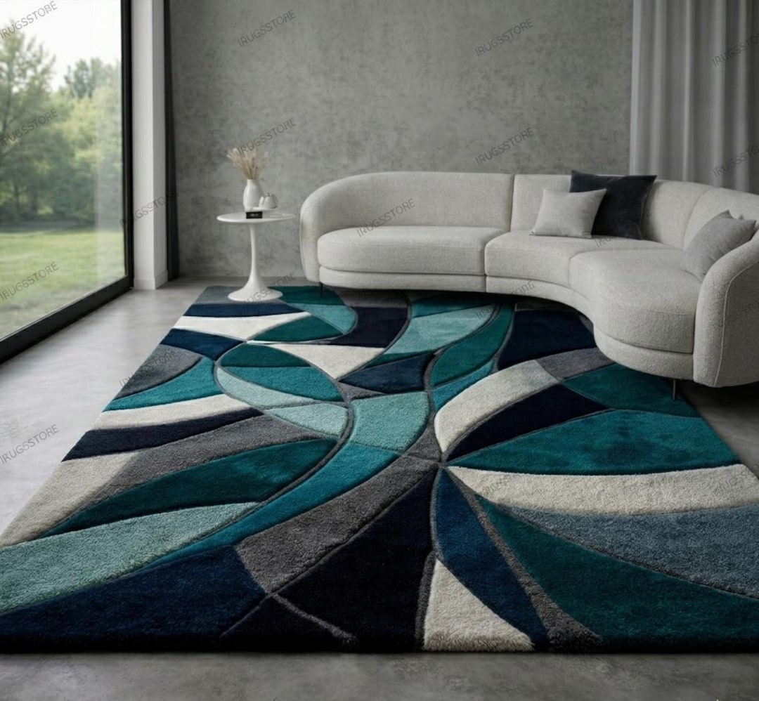 Deep Teal Geometric Area Rug: Modern Abstract Chroma Block Carpet ...