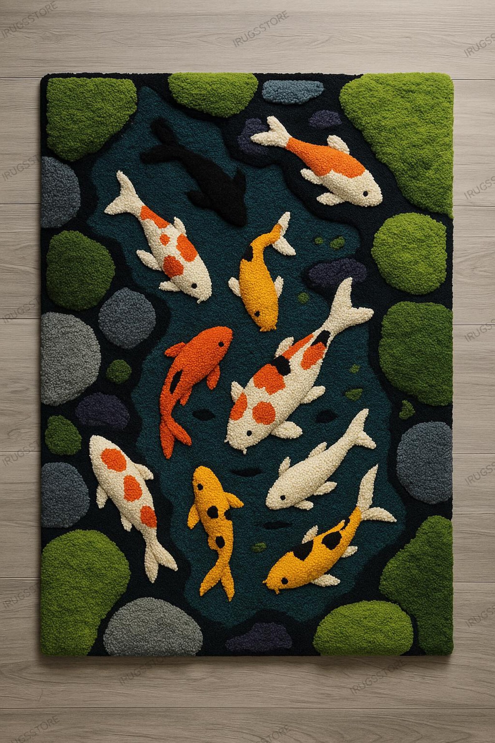 Handmade Koi Fish Rug | Wavy Pond Design Carpet | Japanese Zen Art Rug ...