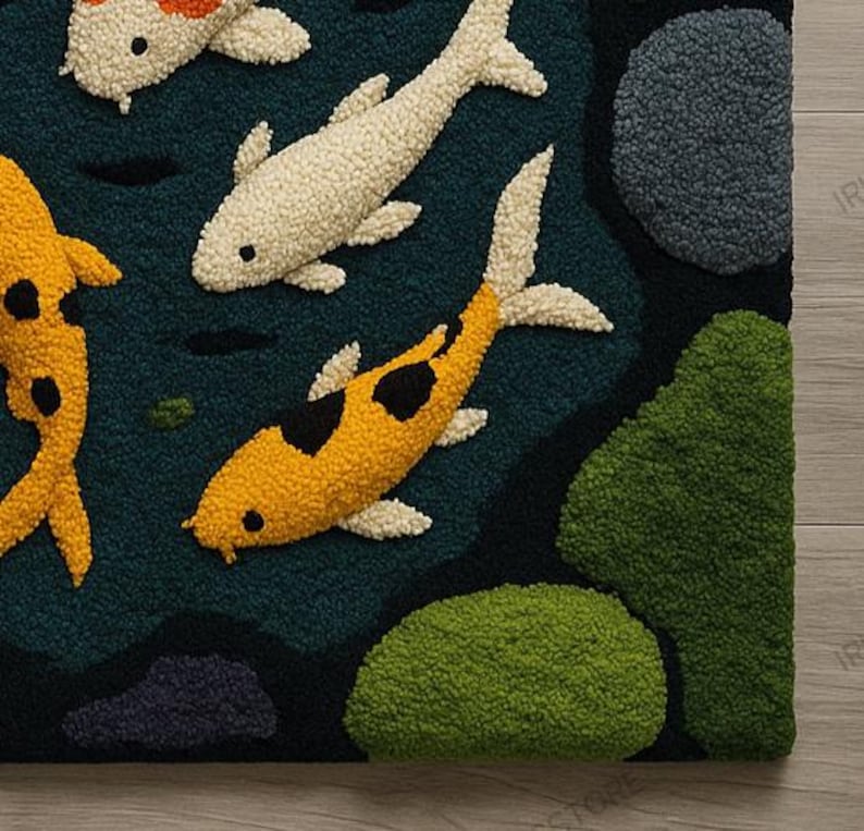 Handmade Koi Fish Rug | Wavy Pond Design Carpet | Japanese Zen Art Rug ...