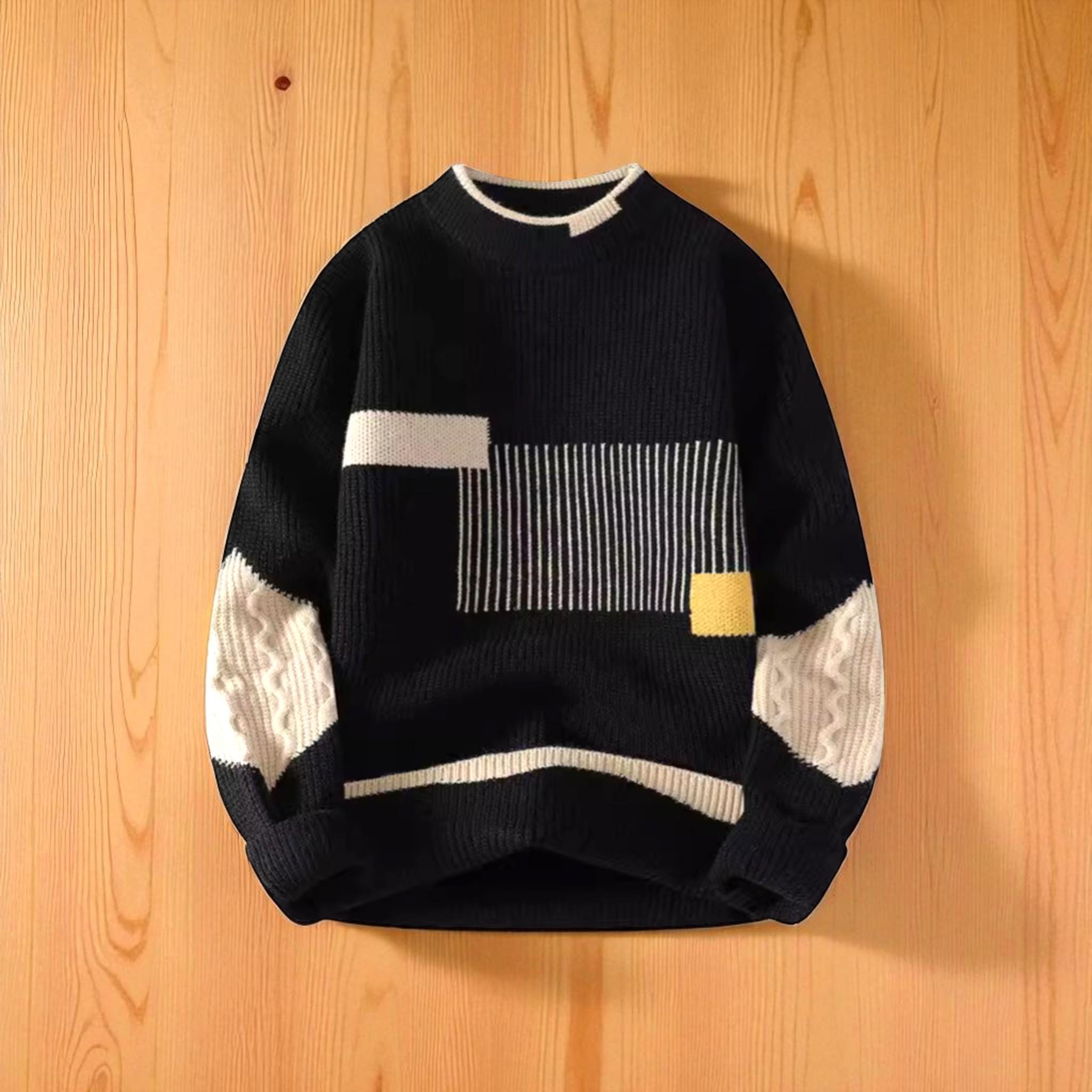 Men's Vegan Knit Sweater, Mock Neck Pullover, Cozy Patchwork Fashion ...