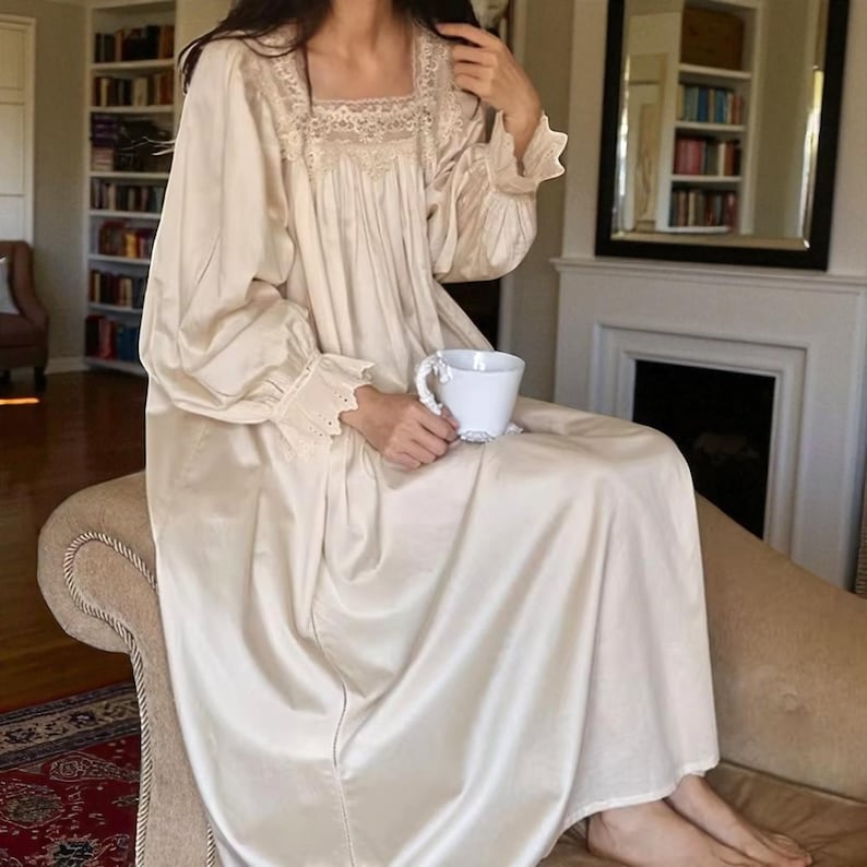 Vintage Lace Nightgown Dress – Cottage Core Long Sleeve Sleepwear, Soft ...