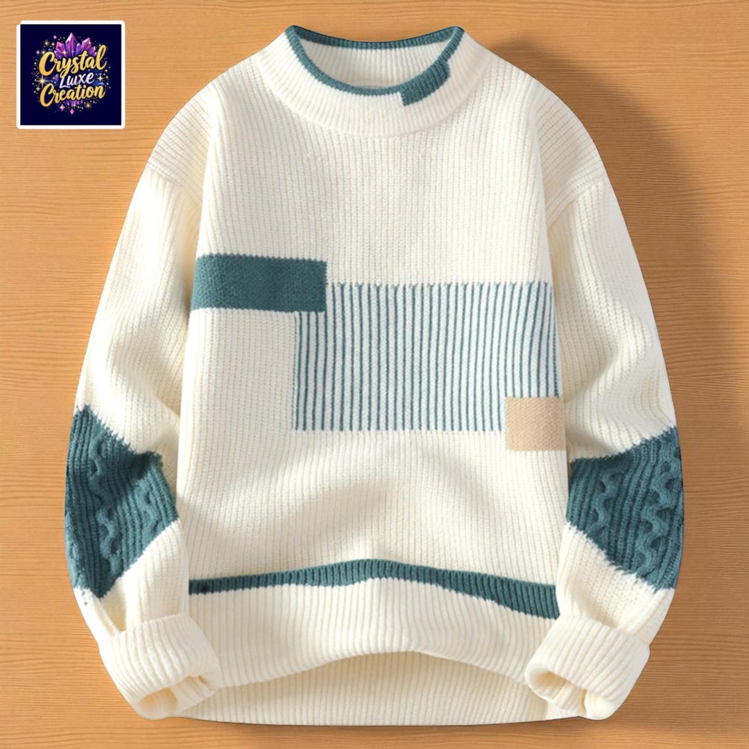 Men's Vegan Knit Sweater, Mock Neck Pullover, Cozy Patchwork Fashion ...