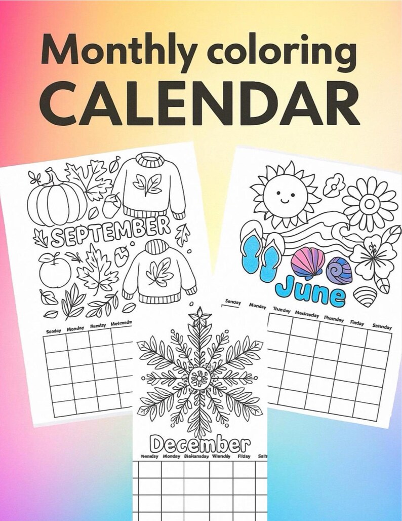 Monthly Coloring Calendar Printable | Adult Coloring Pages for Year ...
