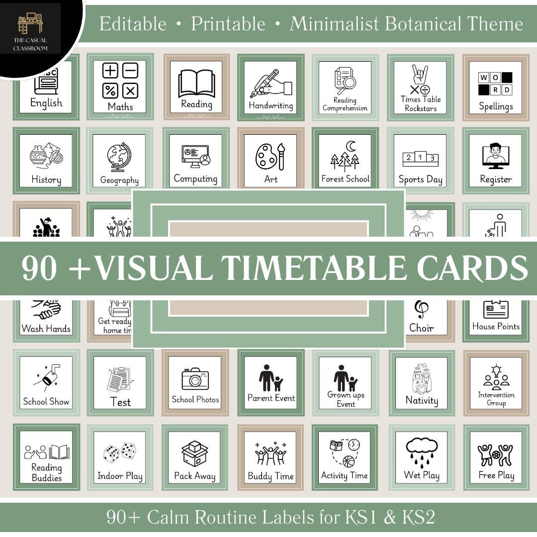 Botanical Classroom Visual Timetable: 90+ Routine Cards, Editable Canva ...