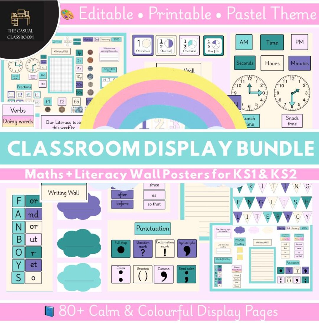 Editable Pastel Classroom Display Bundle – KS1 & KS2 Maths + Literacy ...