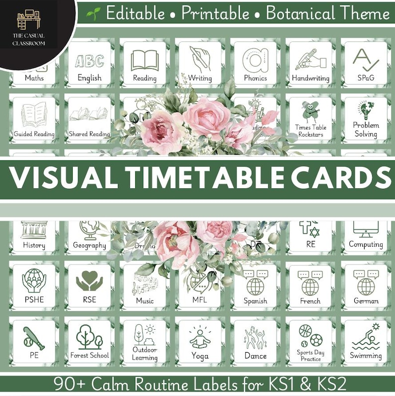 Visual Timetable Botanical Editable – 90+ Routine Cards KS1 KS2 | Calm ...