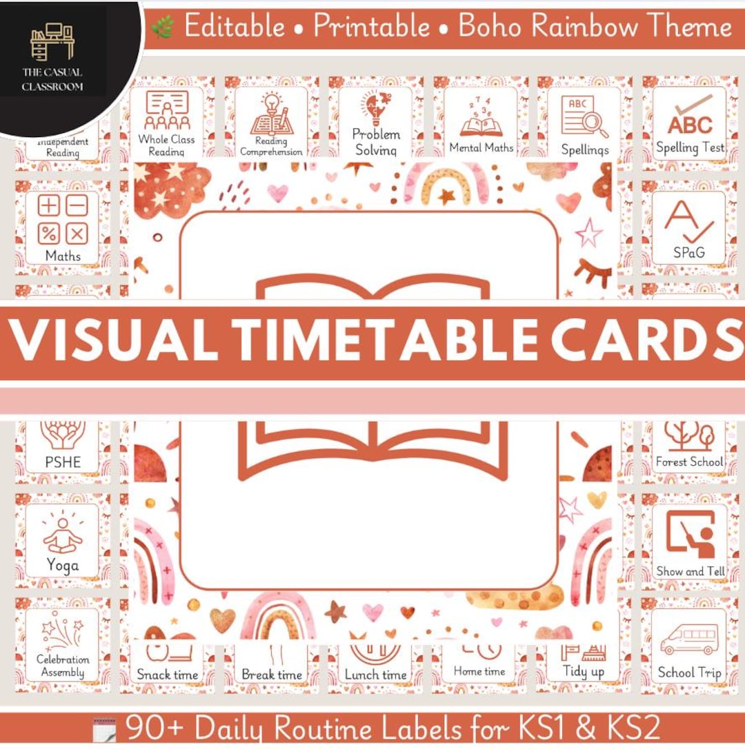 Boho Rainbow Visual Timetable: 90+ Classroom Routine Cards (printable ...