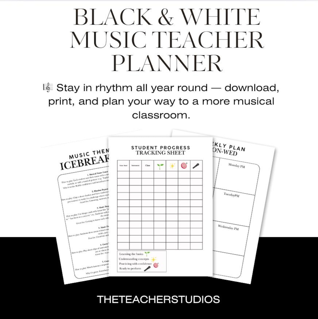 Printable Music Teacher Planner Black & White | Minimal A4 PDF ...