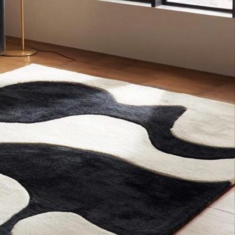 Modern Black White Wave Pattern Hand Tufted Wool 8x10 Area Rugs for ...