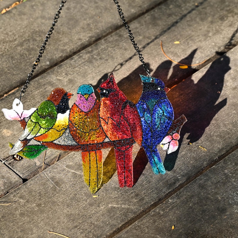 Stained Glass Birds Suncatcher, Four Colorful Birds on Branch Window ...