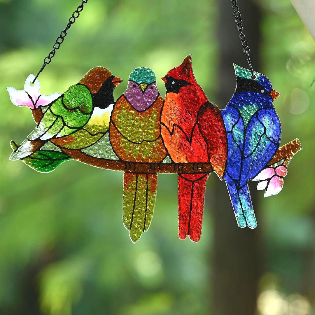 Stained Glass Birds Suncatcher, Four Colorful Birds on Branch Window ...