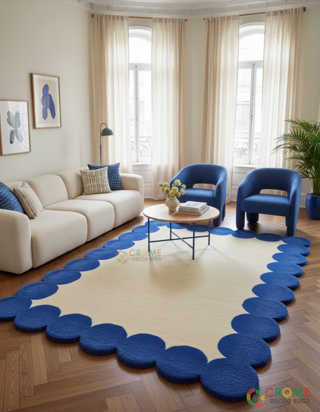 Hand-tufted Wool Scallop Rug, Blue & Cream, Retro Eclectic Decor - Etsy