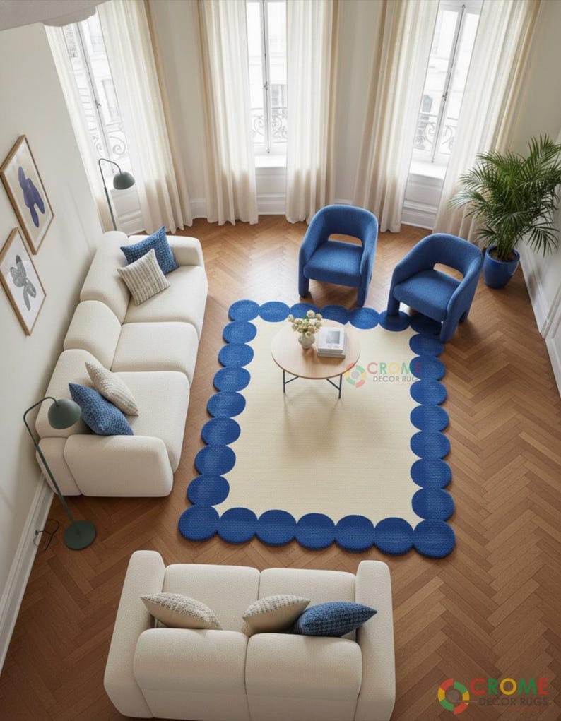 Hand-tufted Wool Scallop Rug, Blue & Cream, Retro Eclectic Decor - Etsy