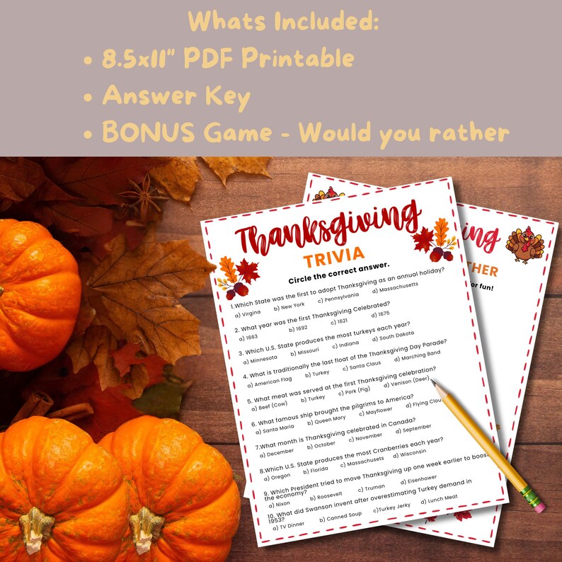 Thanksgiving Trivia Printable Game | Friendsgiving Game | Trivia ...