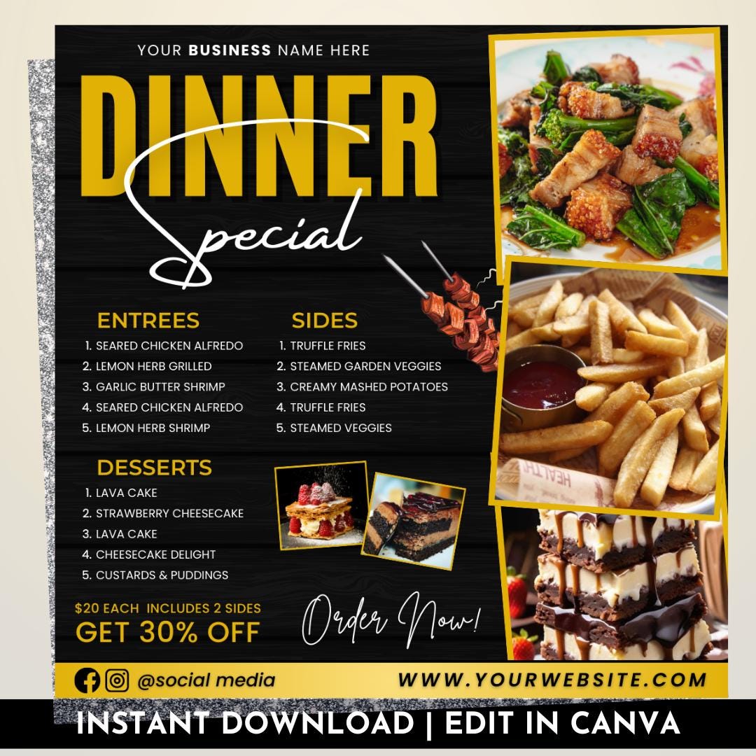 Special Dinner Flyer, DIY Canva Template, Food Truck Flyer, Restaurant ...