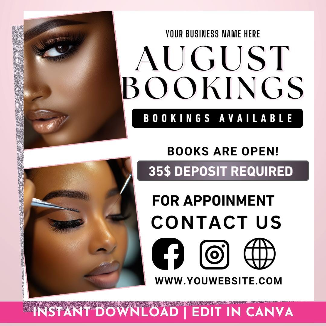 August Booking Flyer, Lash Flyer, August Books Open, DIY Canva Template ...