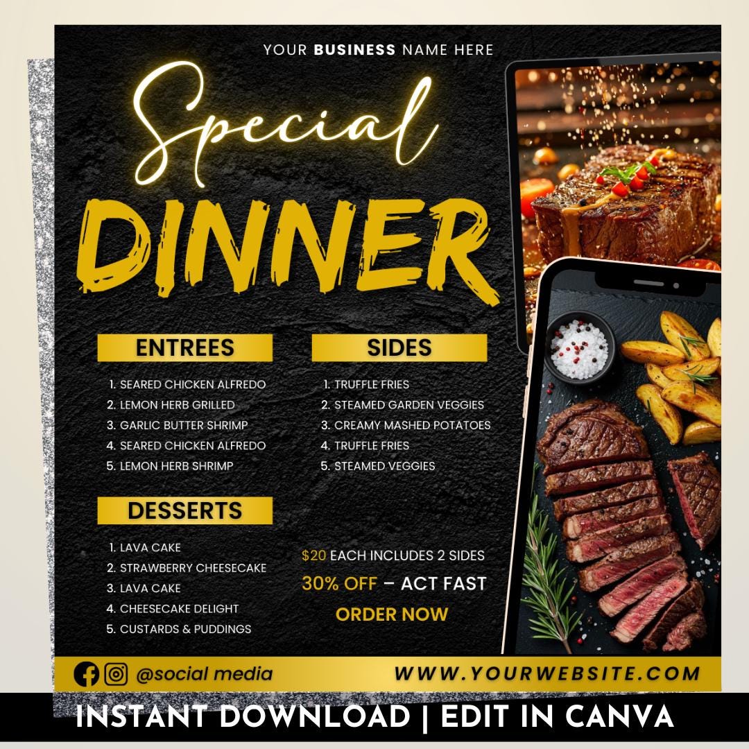 Editable Dinner Flyer, DIY Canva Template, Food Truck Flyer, Restaurant ...