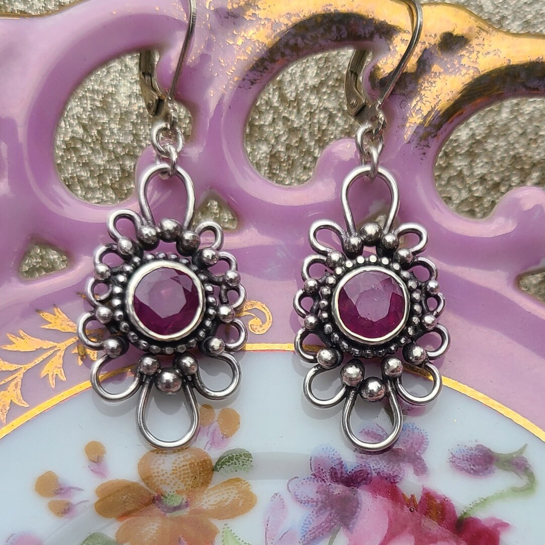 Beautiful Lacey Sterling Silver Pink Ruby Earrings - Etsy