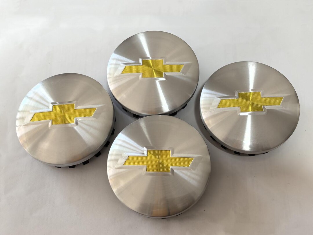 Set of 4 Brushed Aluminum 83mm Wheel Center Caps With Gold Grid Logo ...