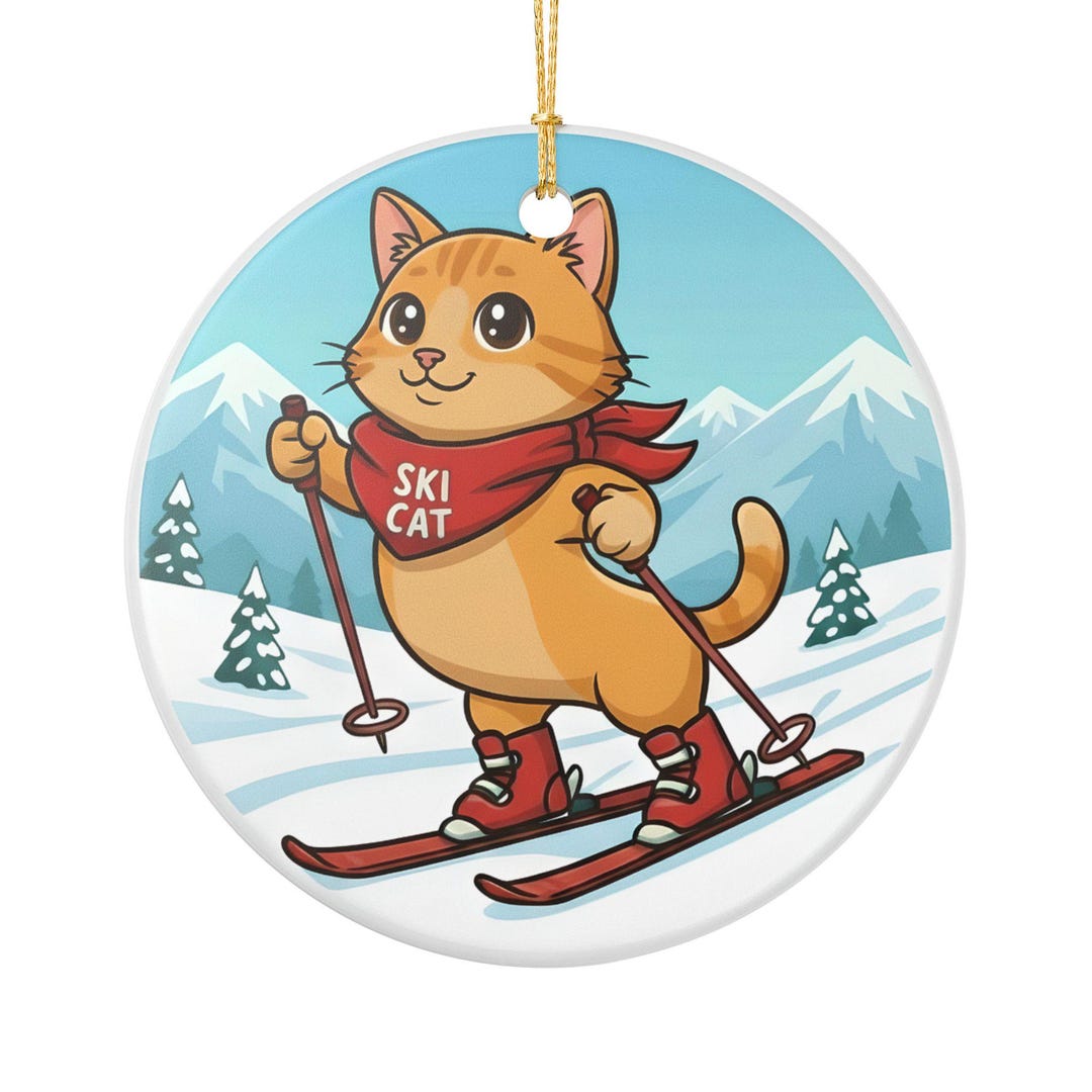 Ski Cat Illustration Ornament | Ceramic Round Holiday Decoration - Etsy