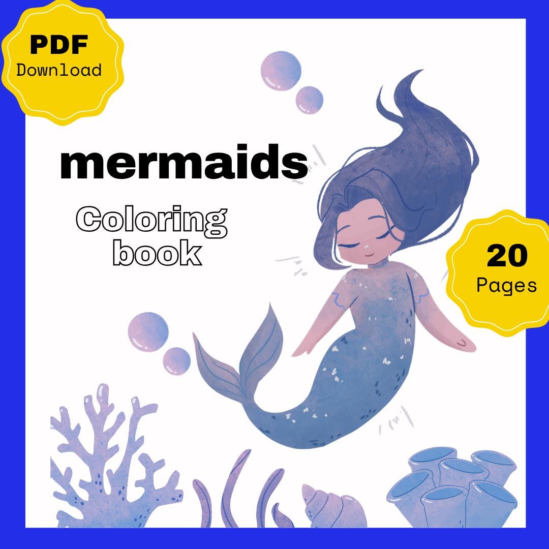 Mermaid Coloring Books for Kids, 20 Digital Coloring Pages, PDF ...