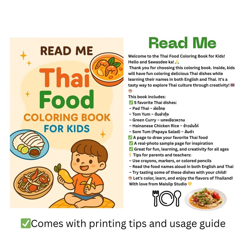 Thai Food Coloring Book for Kids | Printable PDF | Cute Thai Dishes to ...