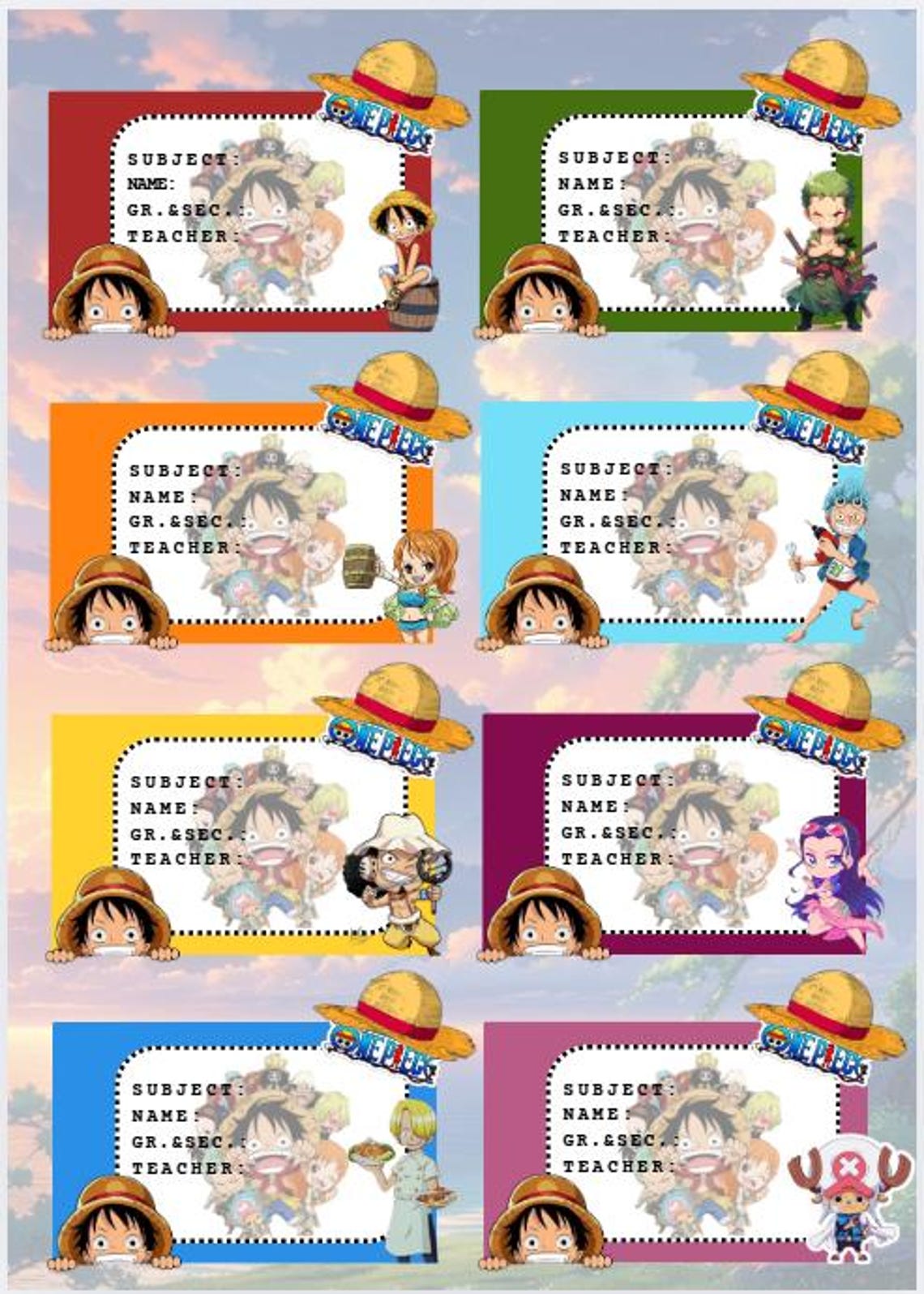One Piece Luffy Straw Hat Pirates Subject Label Sticker for Notebook ...