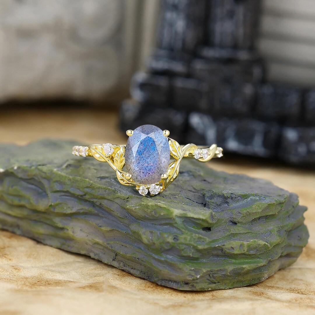 Natural Inspired Labradorite Wedding Ring Delicate Leaves Handmade Ring ...