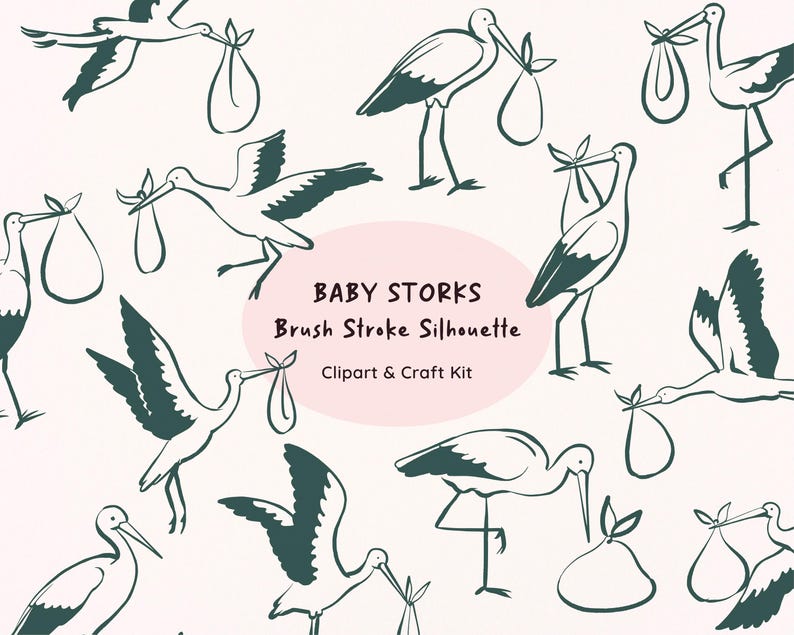 Stork Clipart Bundle: Hand Drawn Baby Shower SVG Art (digital Download ...