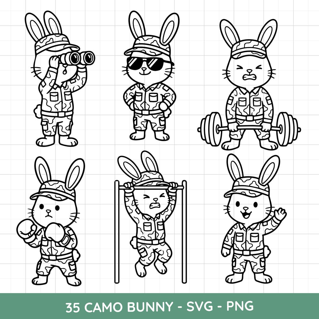 Camo Bunny SVG Clipart Bundle | Military Easter Designs (digital ...