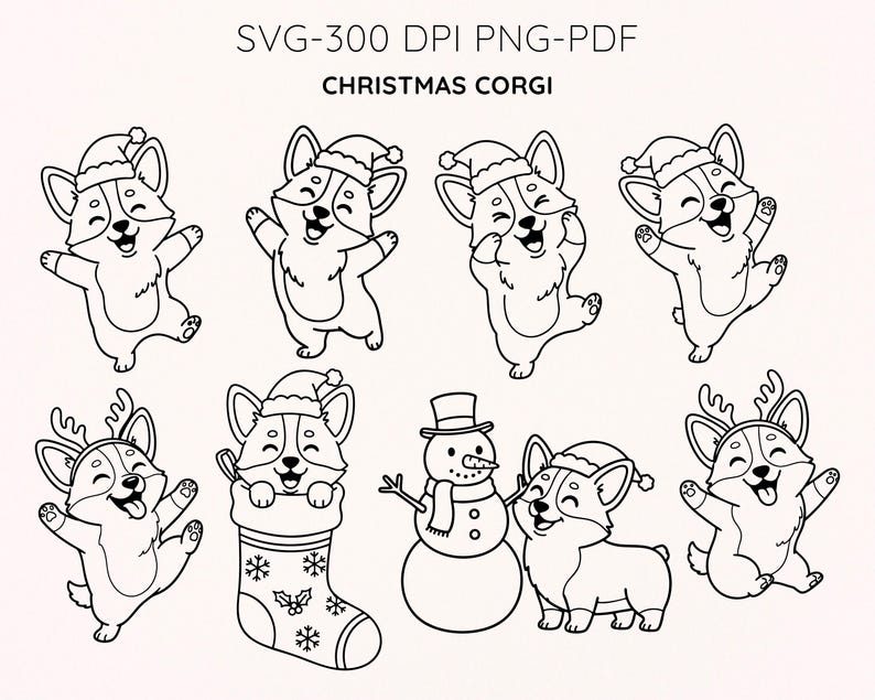 Christmas Corgi SVG Bundle | Holiday Dog Clipart | Hand-drawn Digital ...