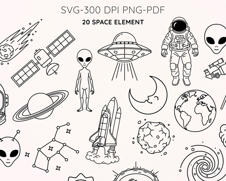 Space Element SVG Bundle | Astronaut Alien Clipart | Hand-drawn Digital ...