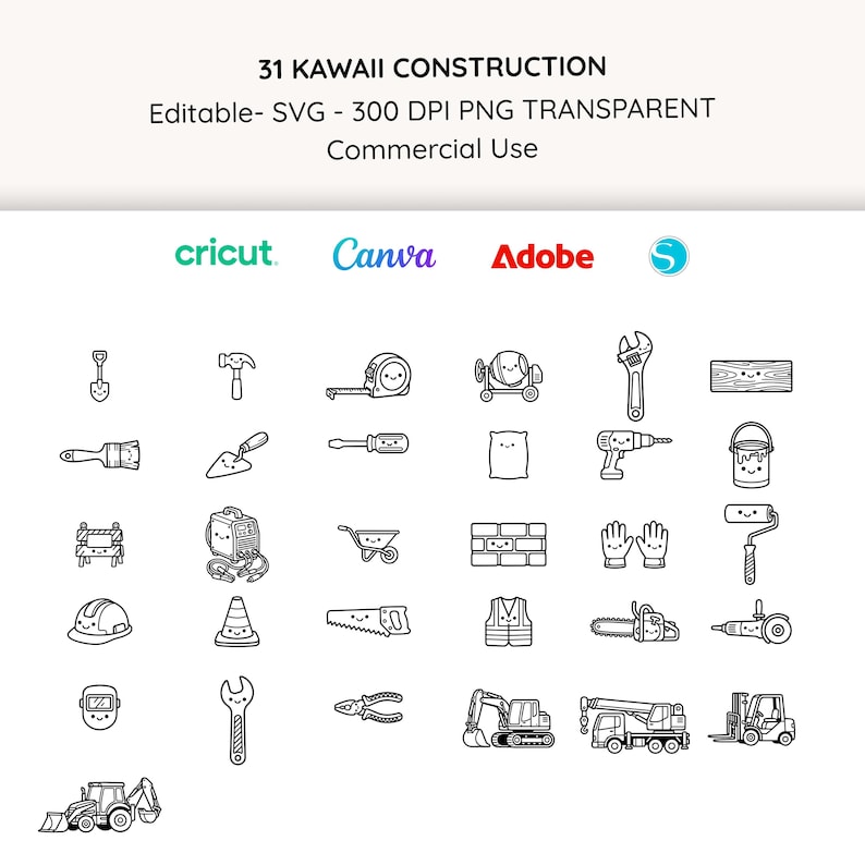 Kawaii Construction Clipart, Happy Tools SVG, PNG SVG Bundle - Etsy