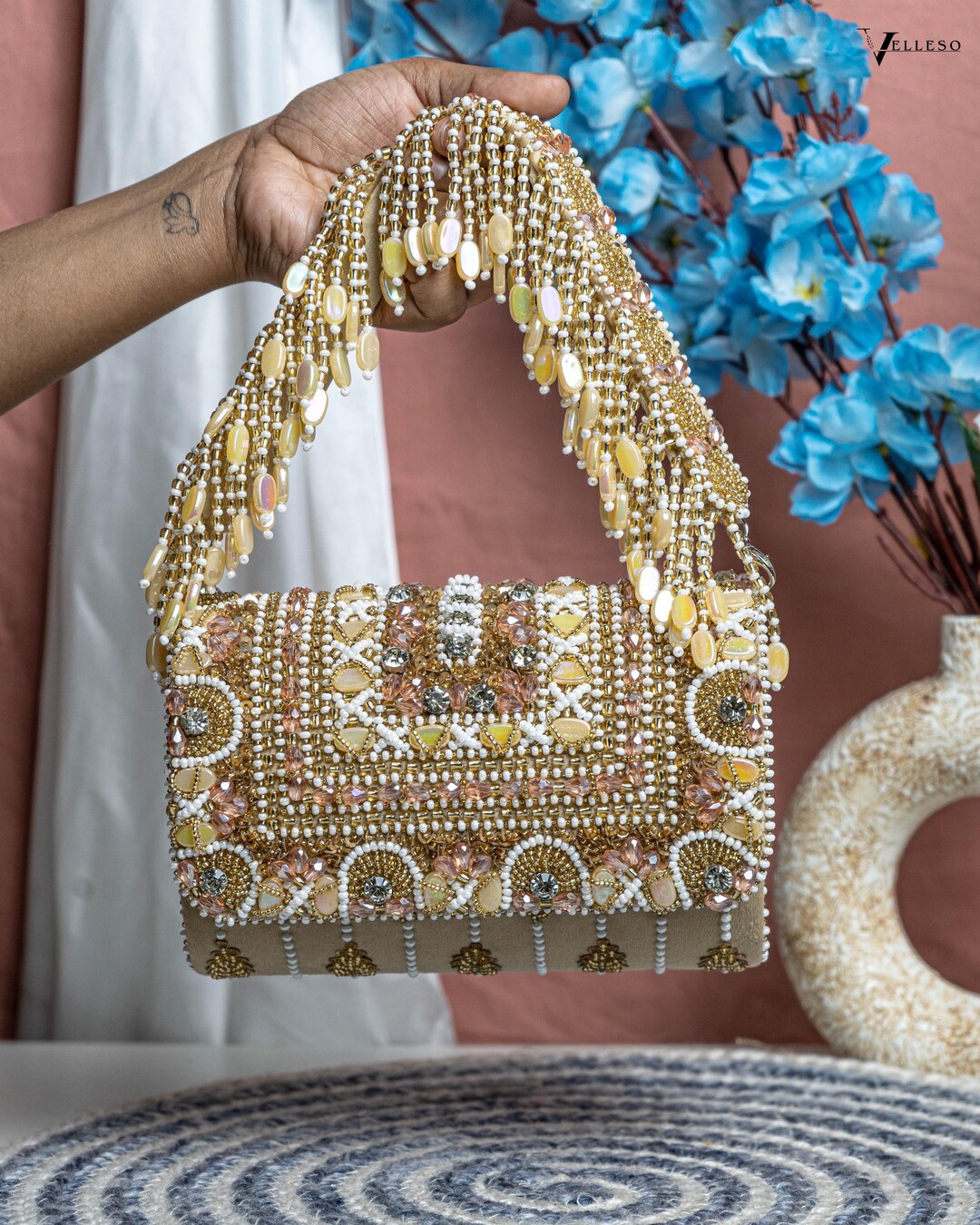 Hand-embroidered Beaded Flap Bag With Dangling Handle | Beige Gold ...