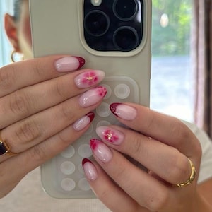 Classic Red Almond Press on Nails | Elegant Handmade Nail Set | Glossy ...