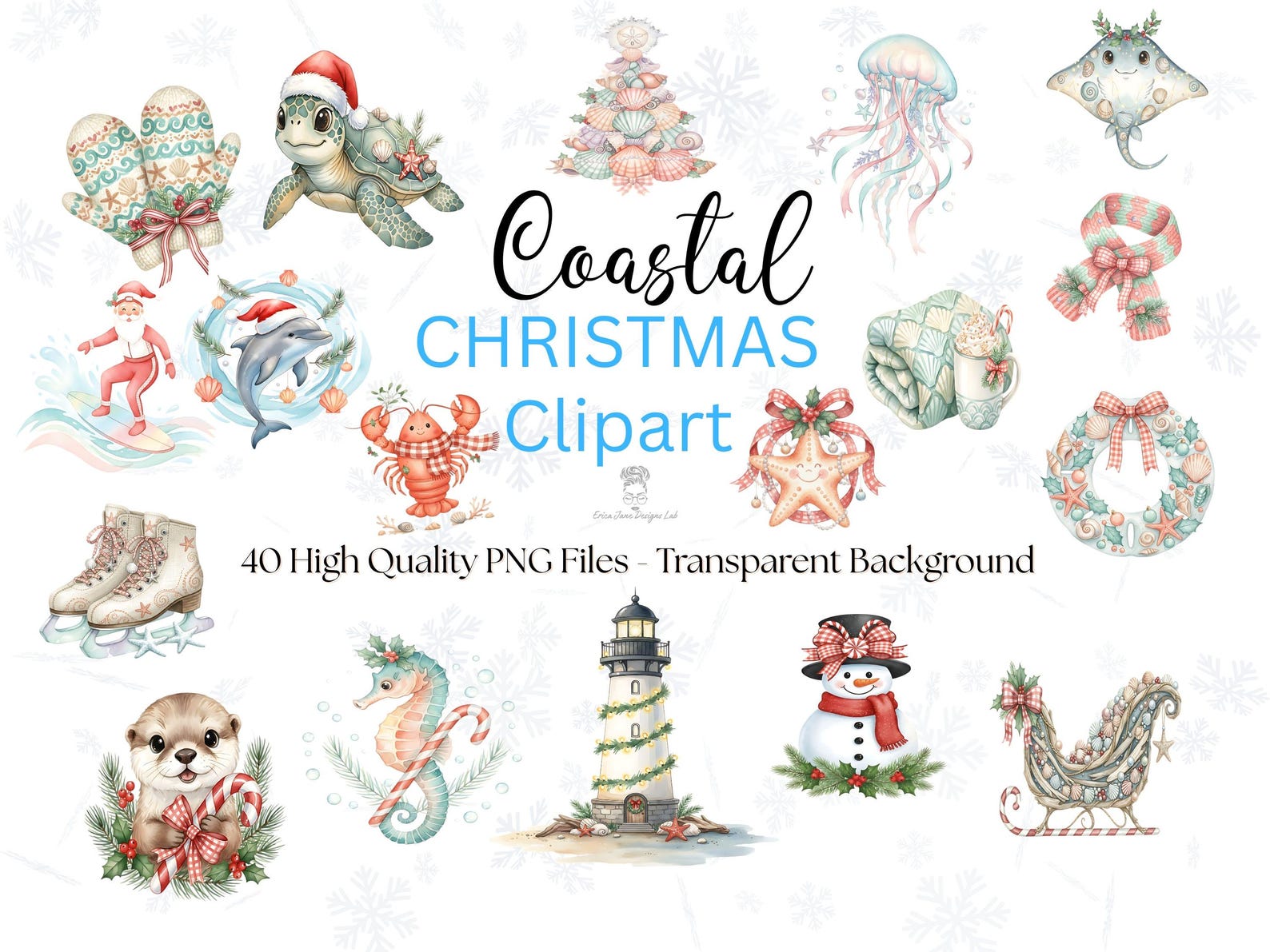 Coastal Christmas Clipart PNG, Marine Holiday Clipart Bundle, Surfing ...