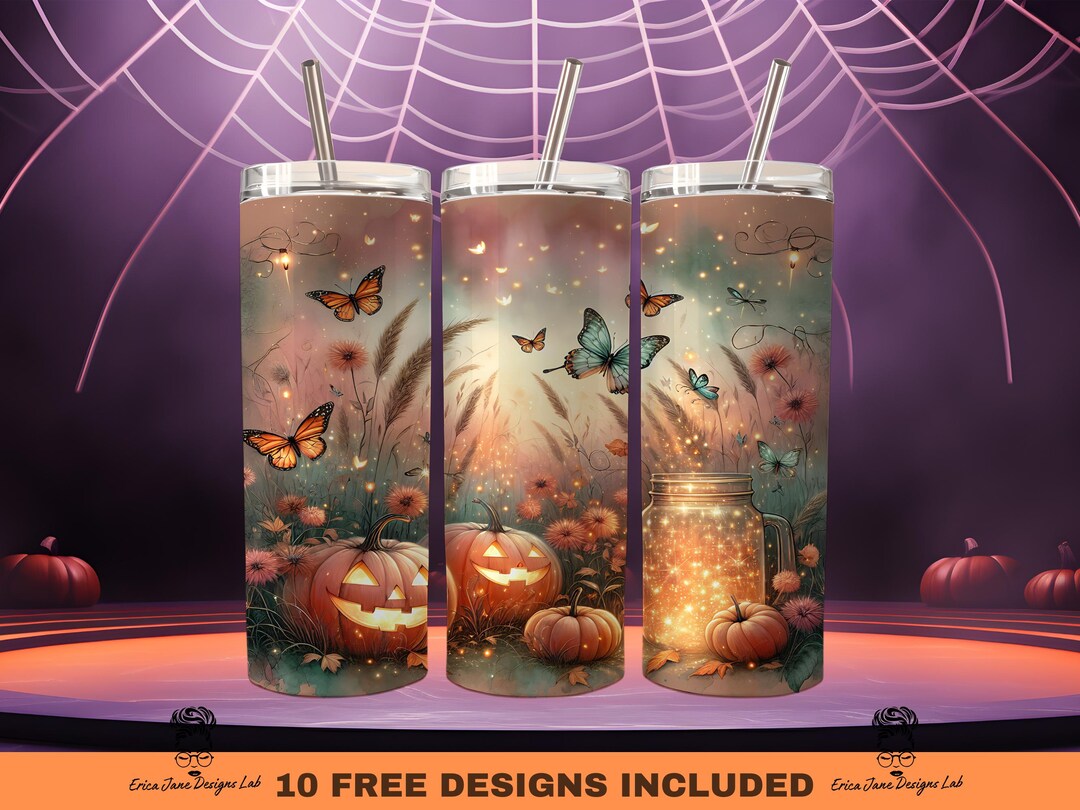 Halloween Firefly Tumbler Wrap PNG, Pumpkin Jar 20oz Sublimation Wrap ...