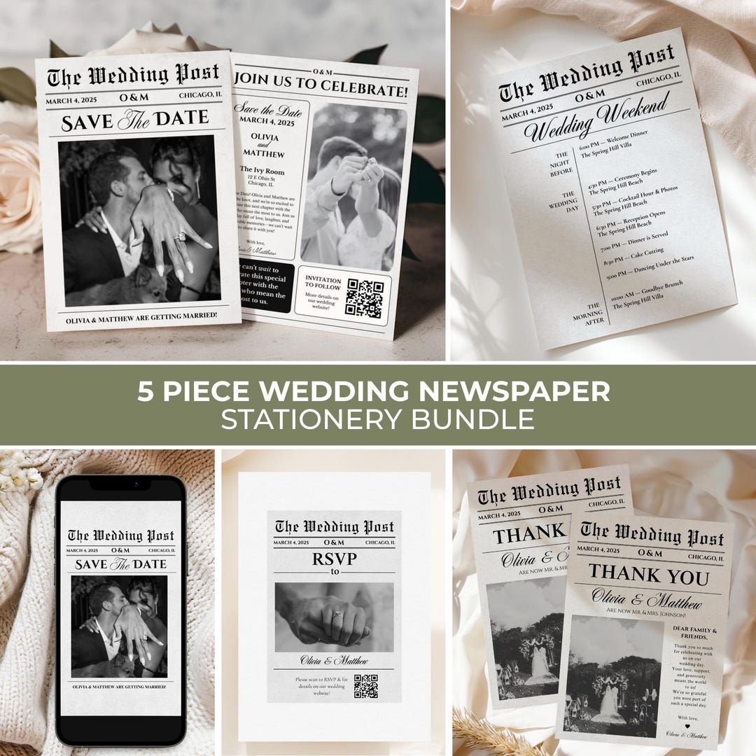 Wedding Newspaper Bundle Stationery Templates, Editable Save the Date ...
