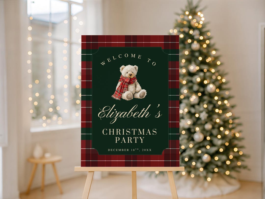 Preppy Polo Bear Christmas Party Welcome Sign Template, Classic Plaid ...