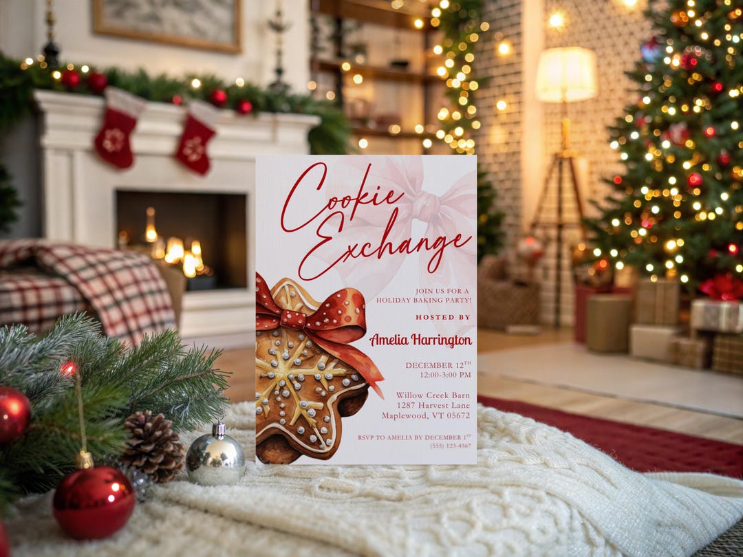 Christmas Cookie Exchange Invitation, Red Bow Holiday Party Invite ...