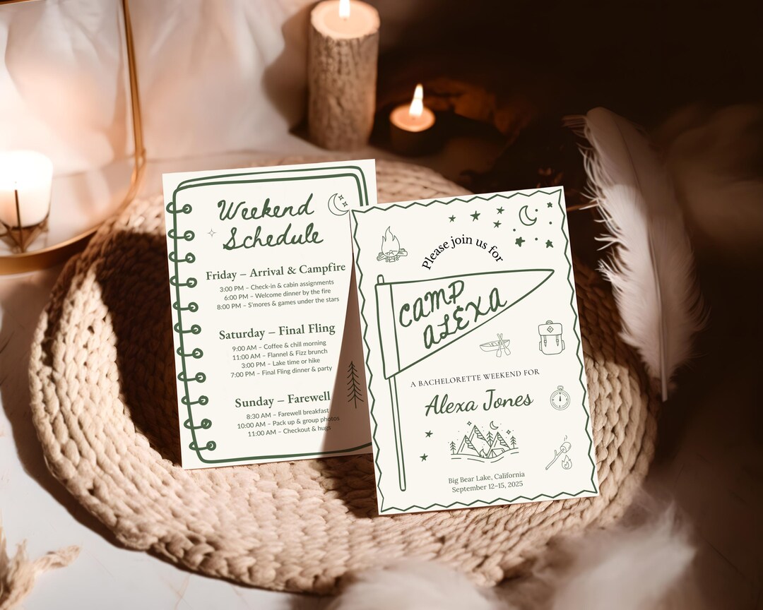 Camp Bachelorette Invitation & Itinerary, Rustic Cabin Bach Party ...