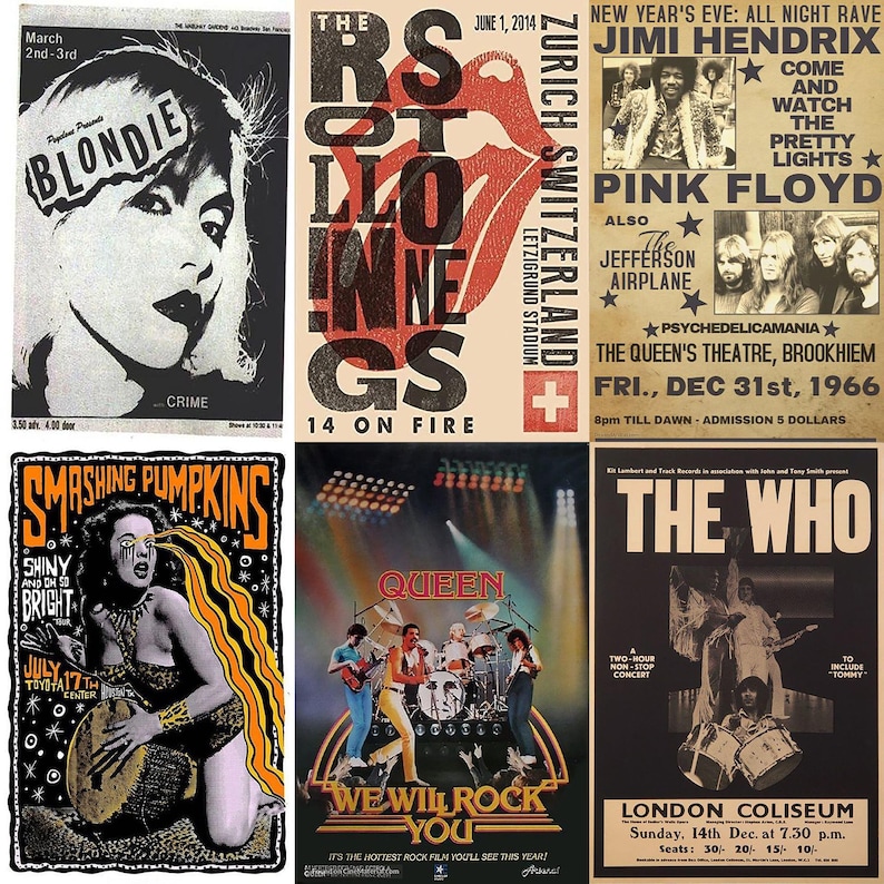 Vintage Rock Band Poster Collage Kit: 300+ Retro Music Prints (digital ...